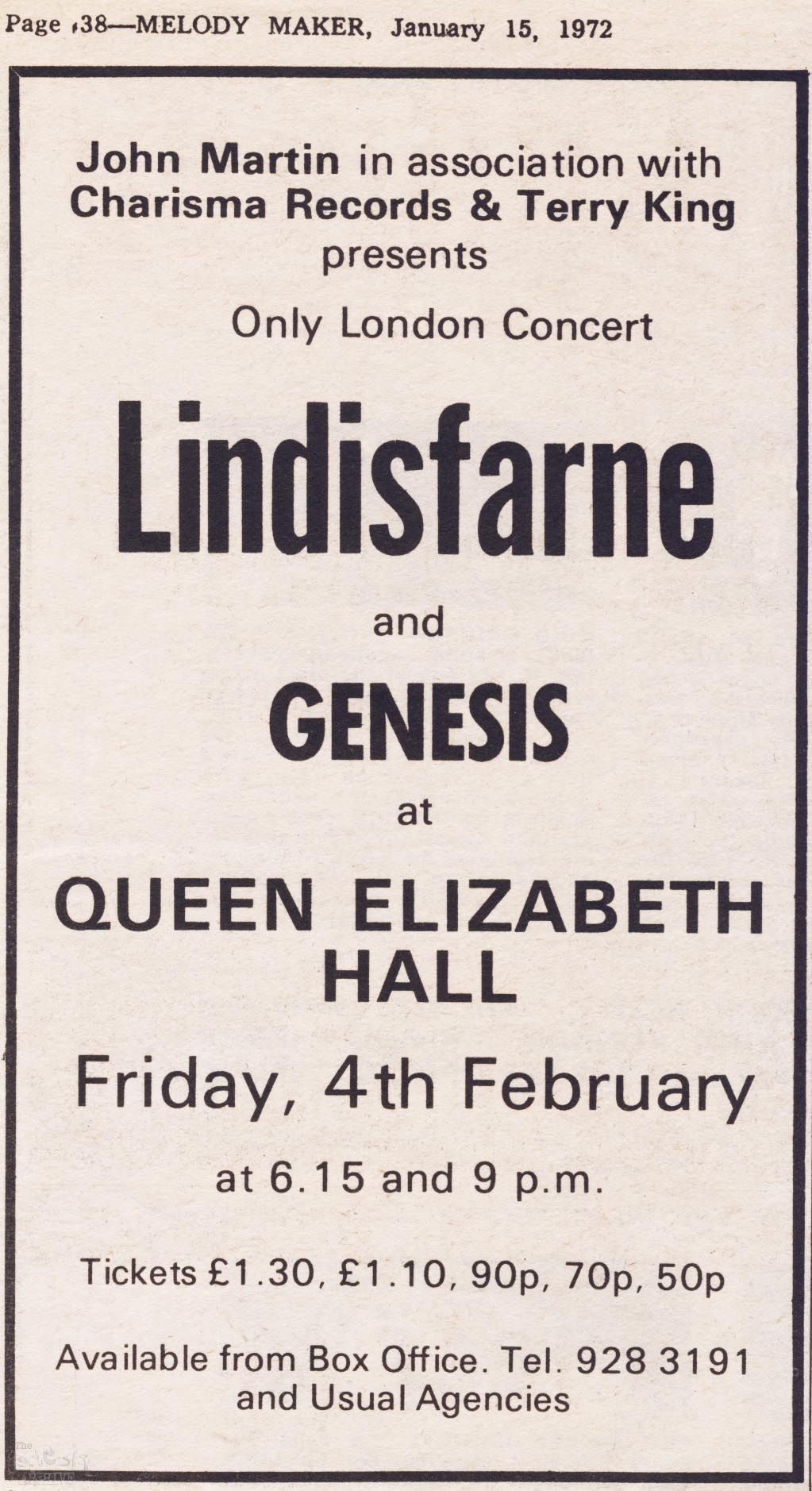 Genesis – gig advert – Queen Elizabeth Hall – 4th February – The ...