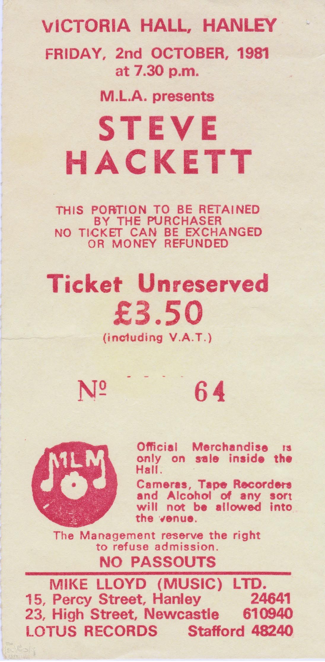 Steve Hackett – Ticket – Victoria Hall – Hanley – 2nd October – The ...