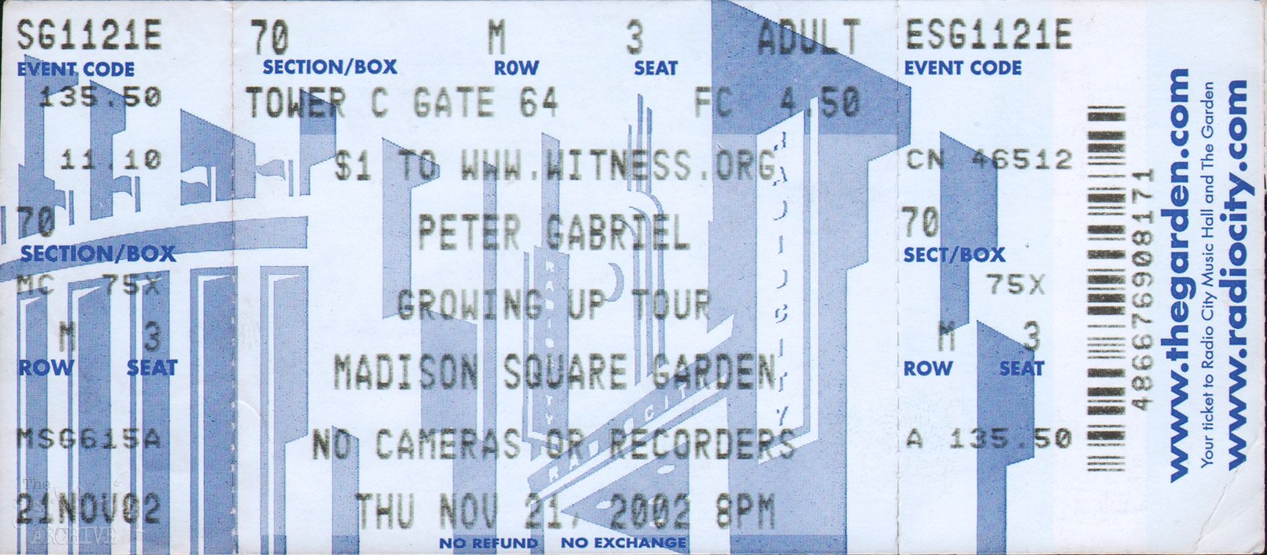 Ticket – Madison Square Garden – New York – 21st November – The Genesis ...