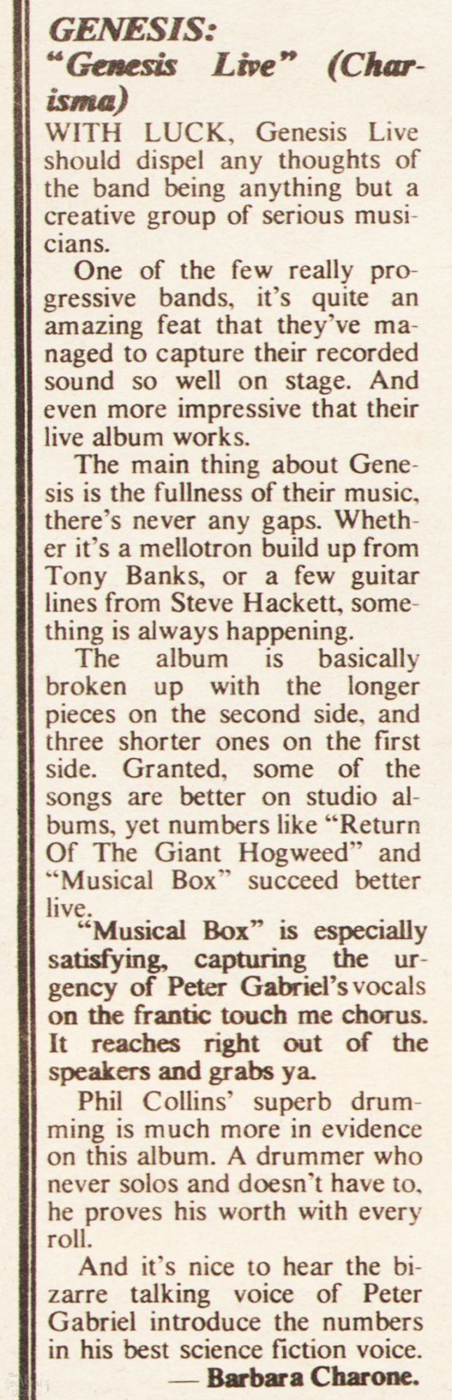 Review – Genesis live – album – NME – 11th August – The Genesis Archive