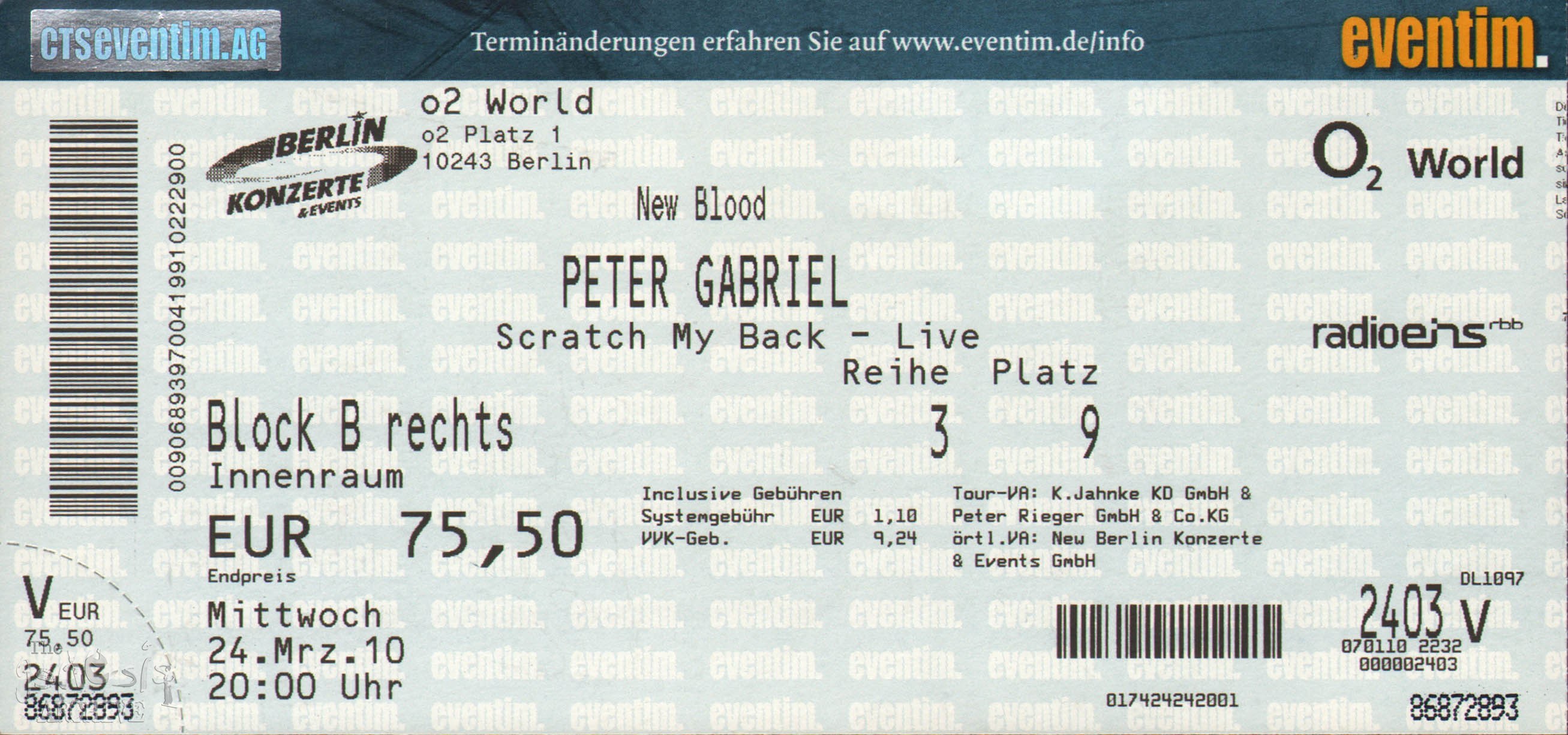 Ticket – PG – O2 Arena – Berlin – 24th March – The Genesis Archive
