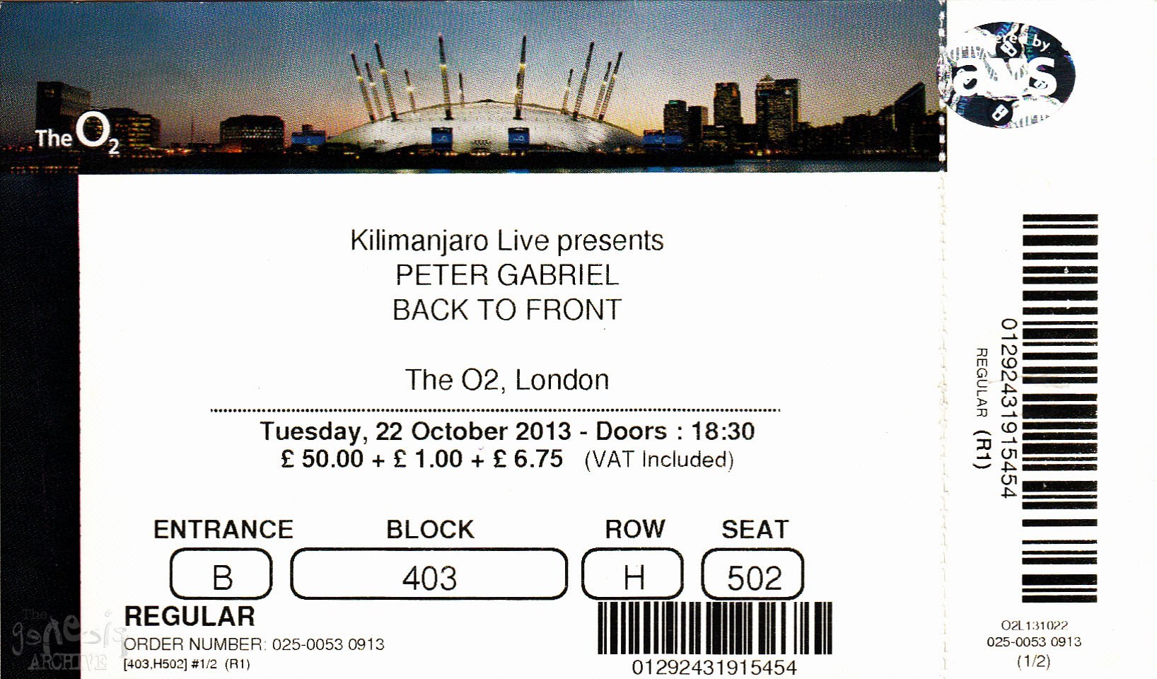 Ticket – PG – The O2 – Greenwich – 22nd October – The Genesis Archive