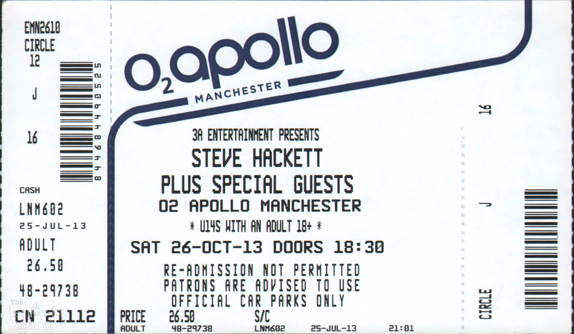 Ticket – SH – The Apollo – O2- 26th October – The Genesis Archive