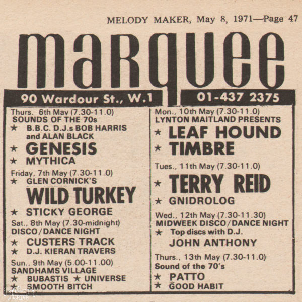 Gig advert – Genesis – The Marquee – Melody Maker – 8th May – The ...