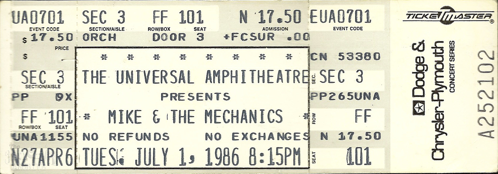 Ticket – MM – The Universal Amphitheatre – Los Angeles – 1st July – The ...