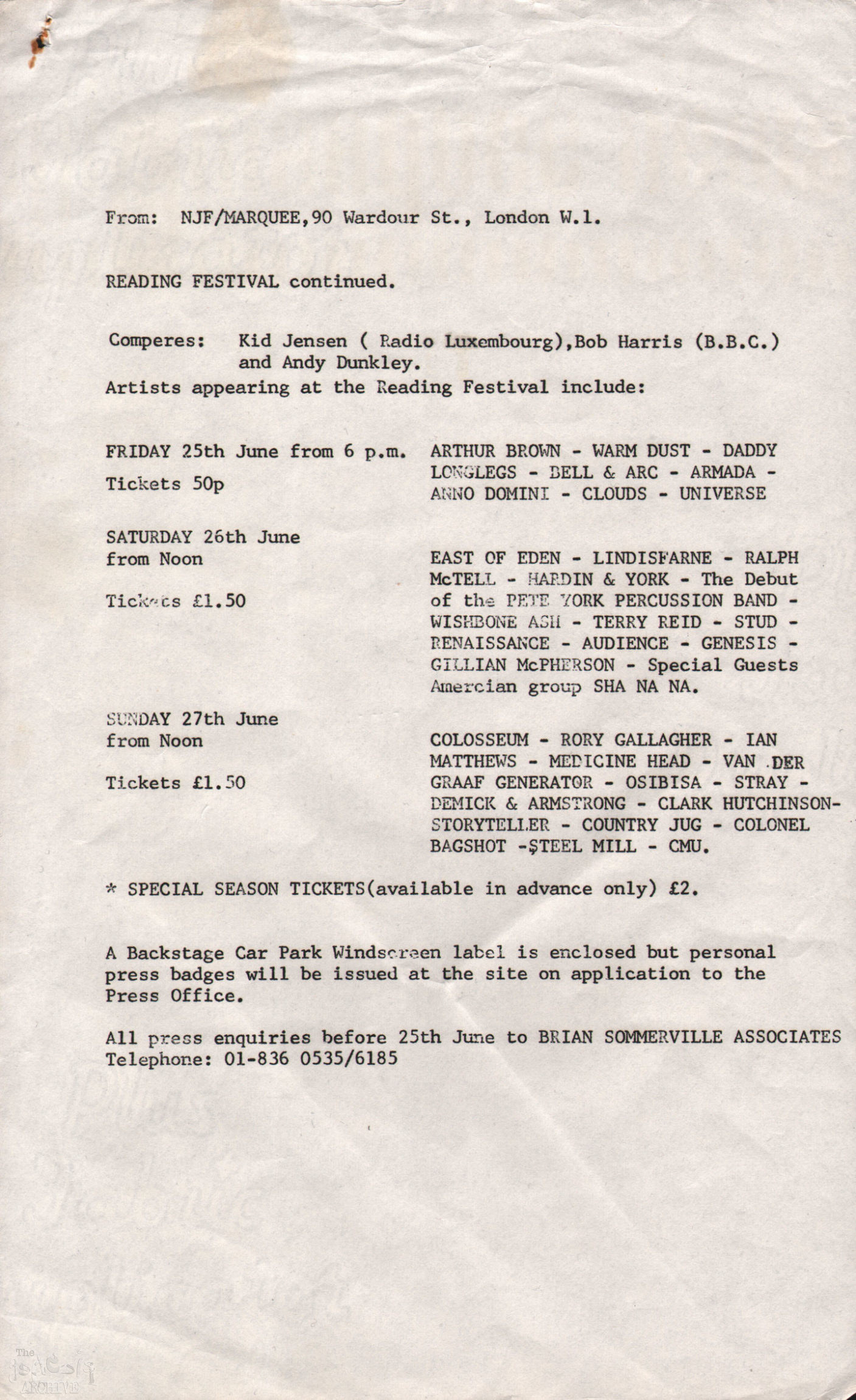Press sheets – Genesis – The Reading Festival – 26th June – The Genesis ...