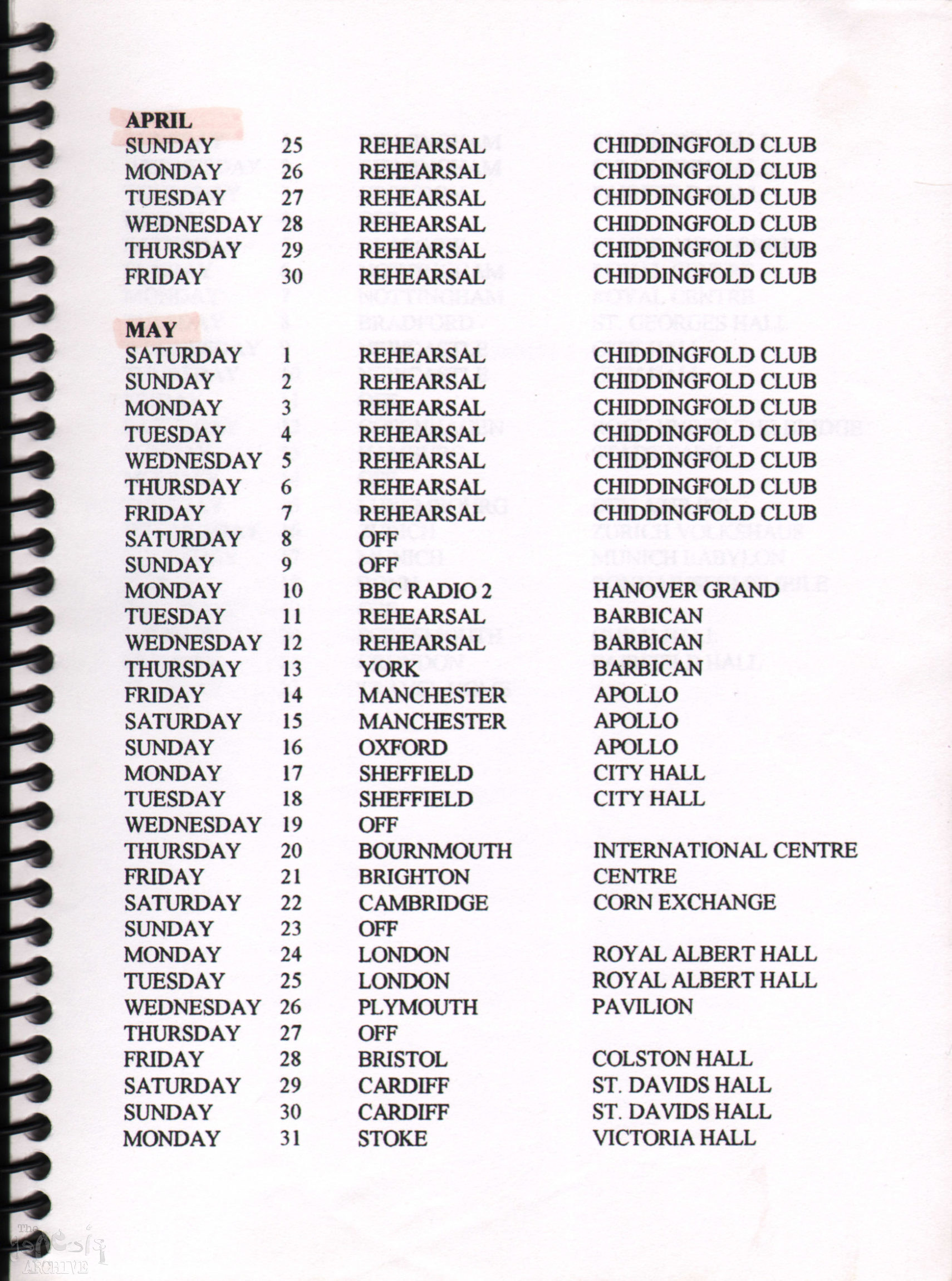 Tour itinerary – MM – M6 Tour – Uk and Europe – – The Genesis Archive