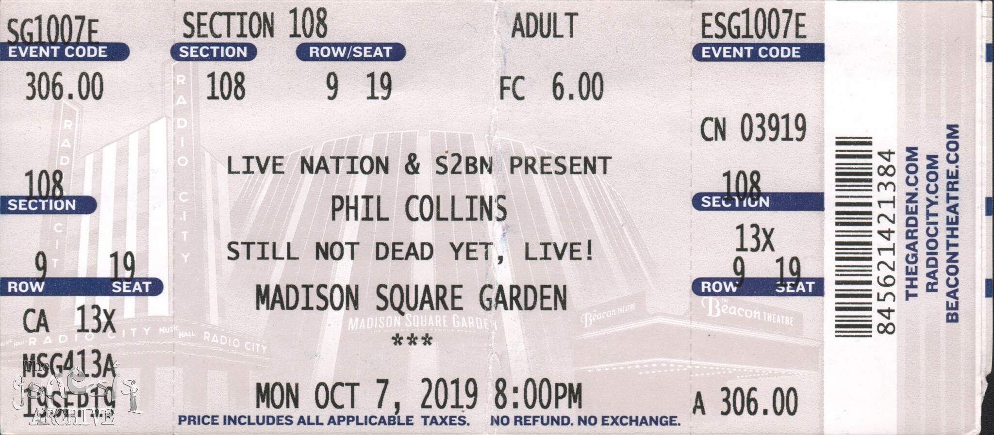 Ticket – PC – Madison Square Gardens – New York – 7th October – The ...