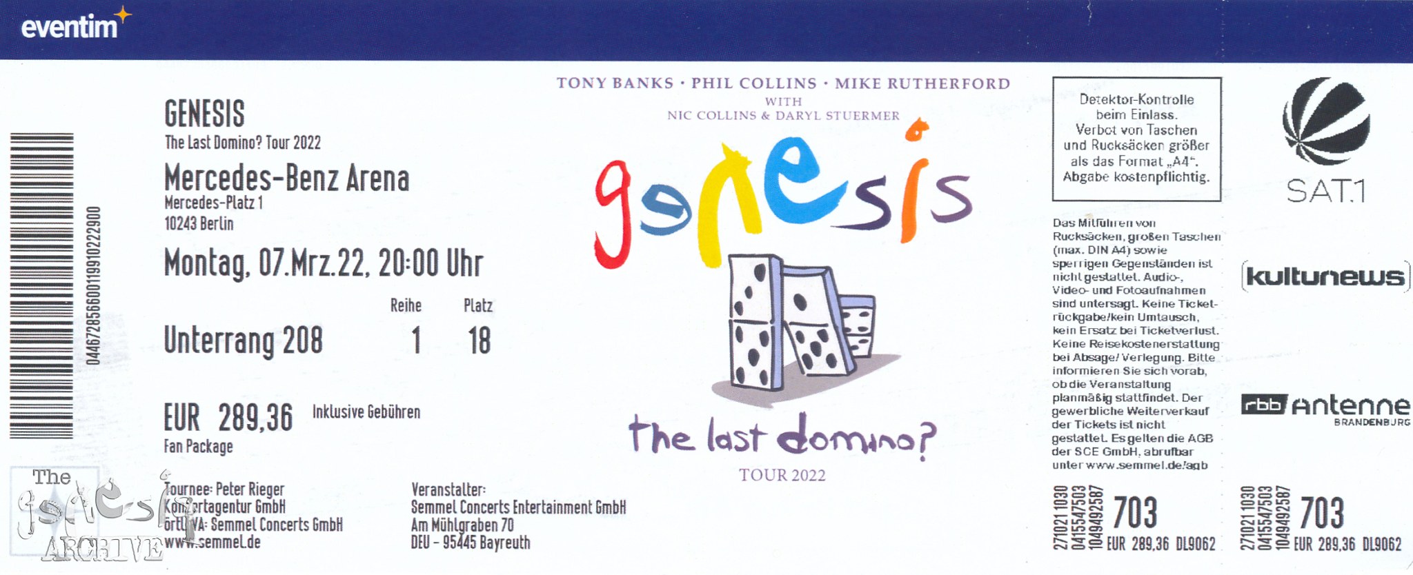 Ticket – Genesis – The Mercedes Benz Arena – Berlin – 7th March – The ...