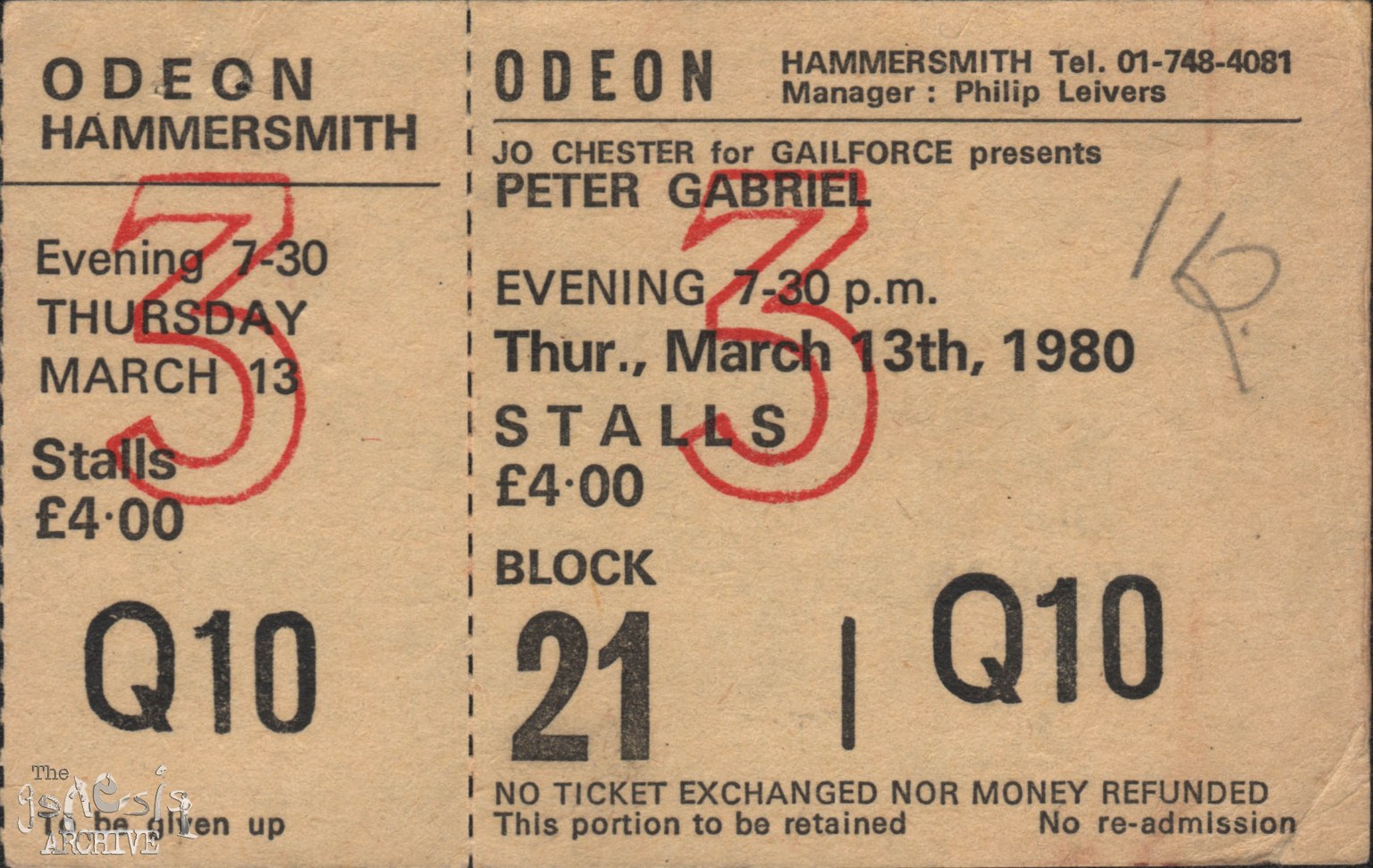 Ticket – PG – Hammersmith Odeon – London – 13th March – The Genesis Archive