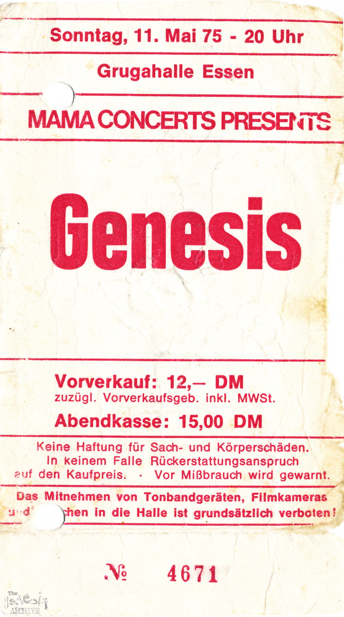 Ticket – Genesis – The Grugahalle – Essen – Germany – 11th May – The Genesis Archive