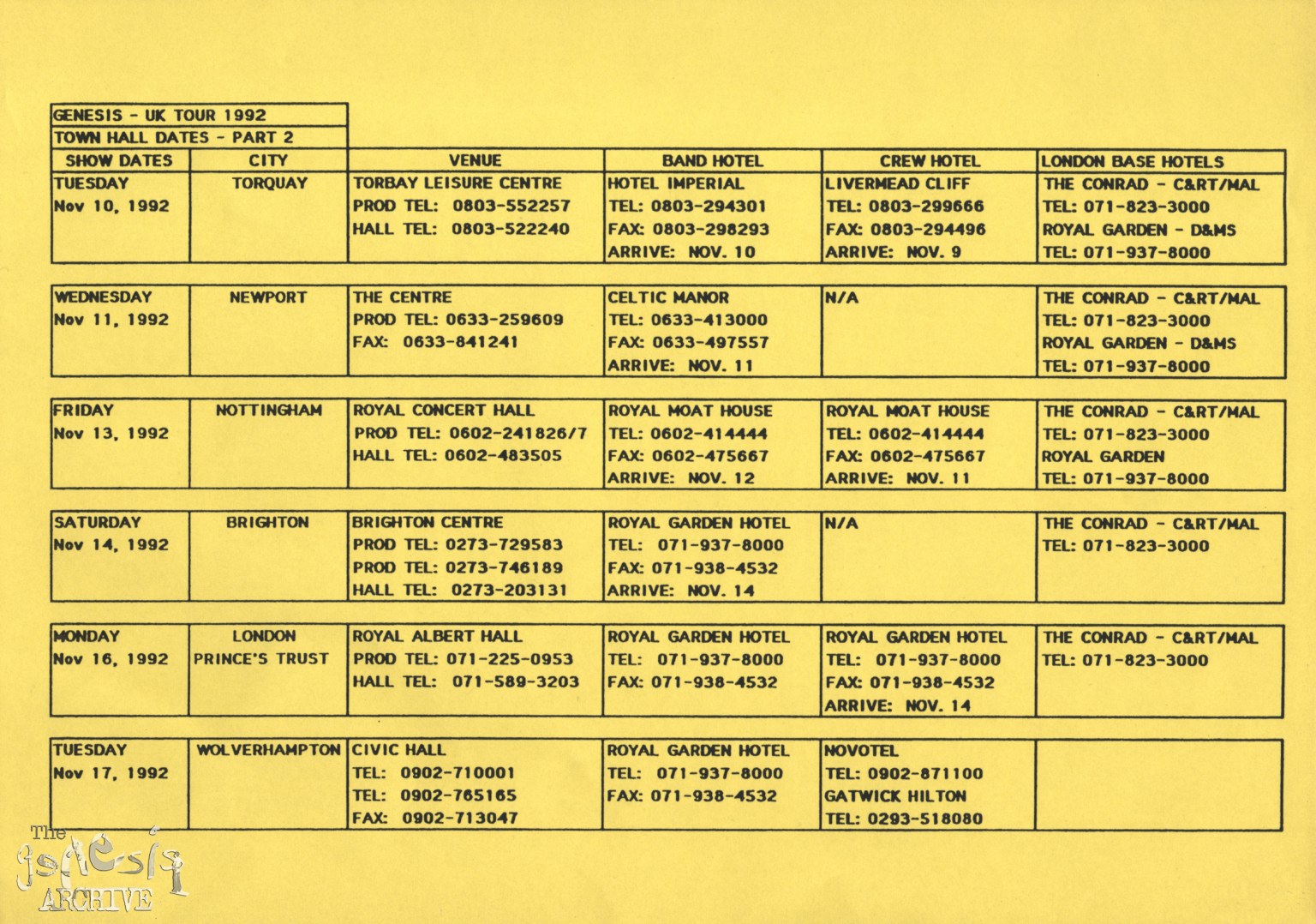 Tour sheet – Genesis – We Cant Dance – Theatre tour – – The Genesis Archive