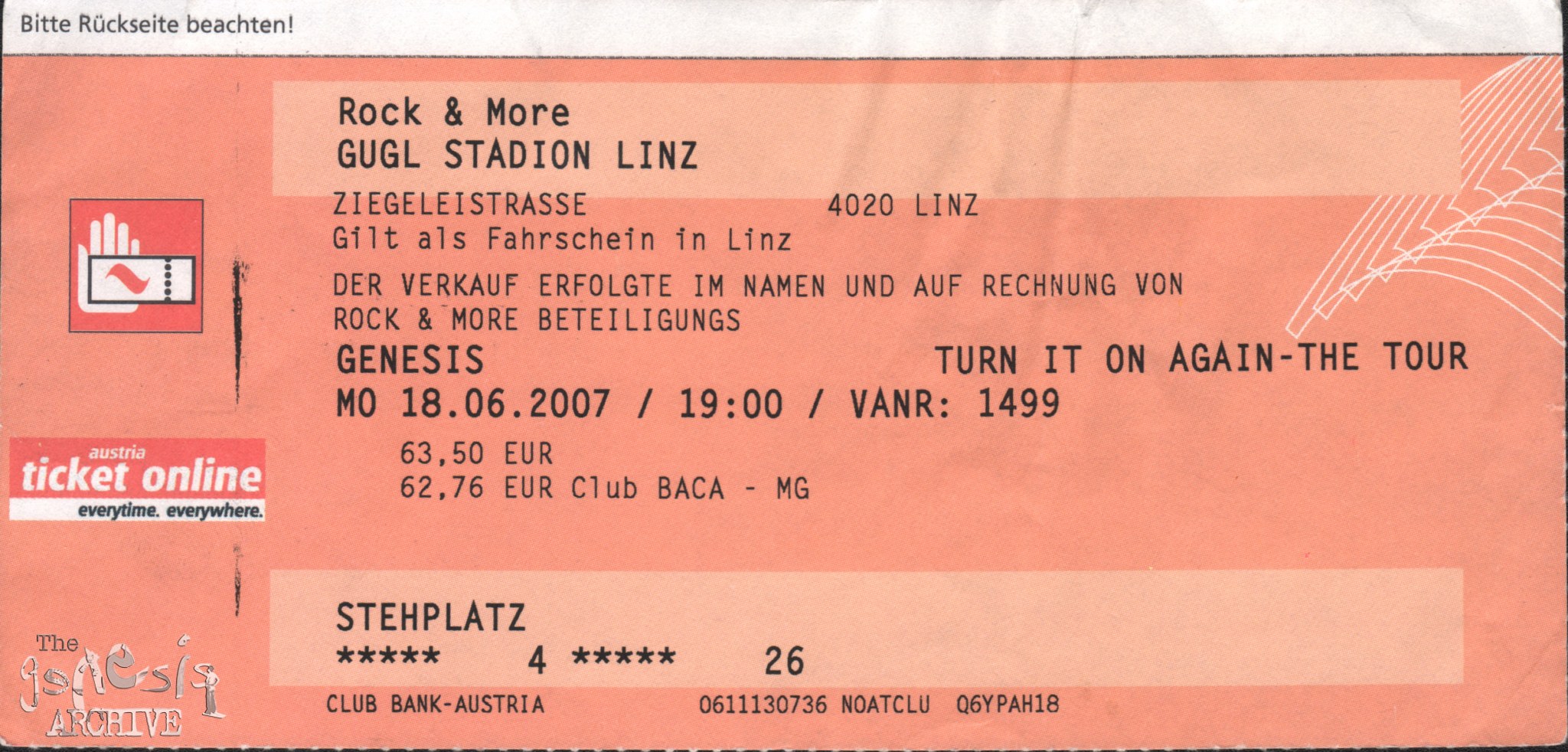 Ticket – Genesis – The Gugl Stadion – Linz – Austria – 18th June – The ...