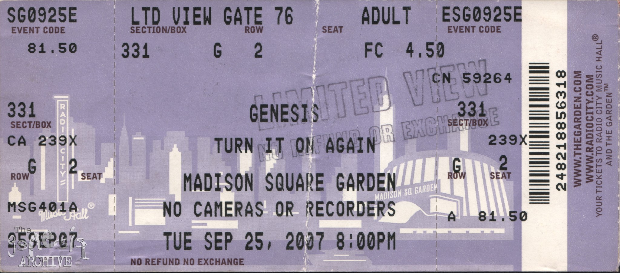 Ticket – Genesis – Madison Square Gardens – New York City – 25th ...